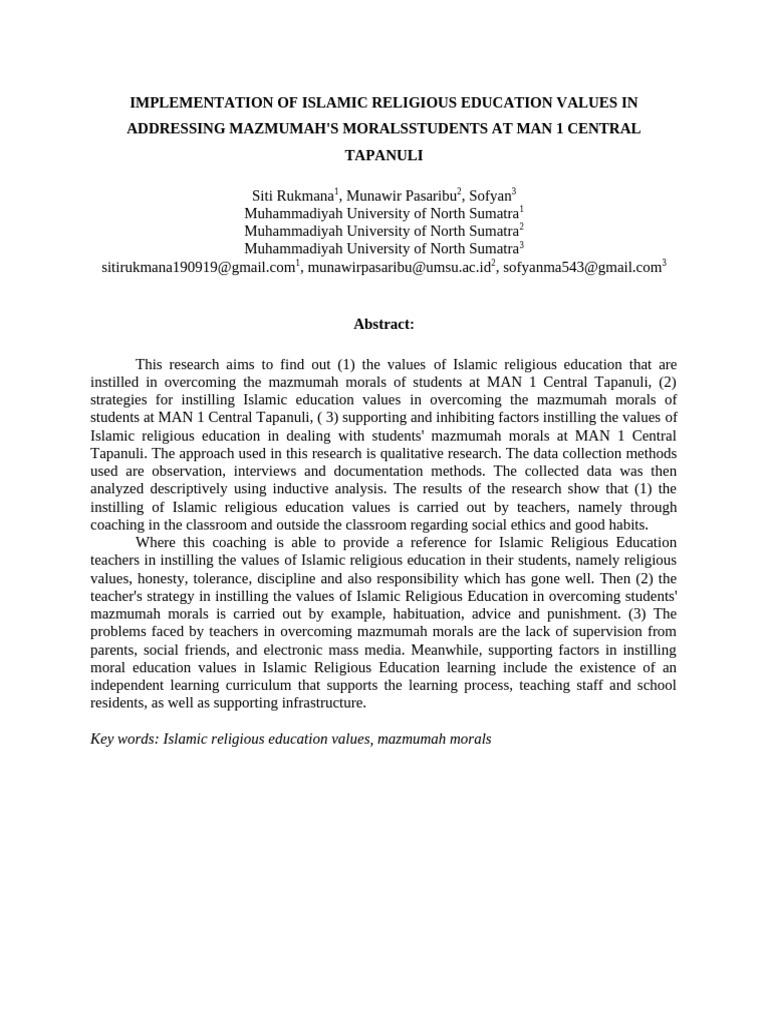 Implementation of Islamic Religious Education Values in Addressing Mazmumah | PDF | Data | Teachers