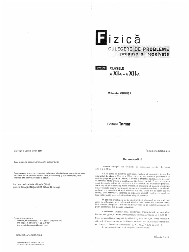 Fizica Culegere de Probleme Propuse Si Rez CL 11 12 Ed Tamar 2 1 PDF Free | PDF