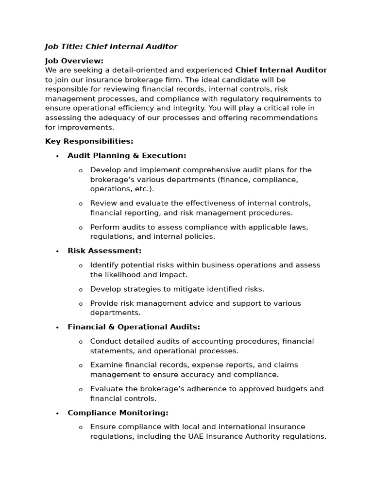 JD - Internal Auditor | PDF | Regulatory Compliance | Internal Audit