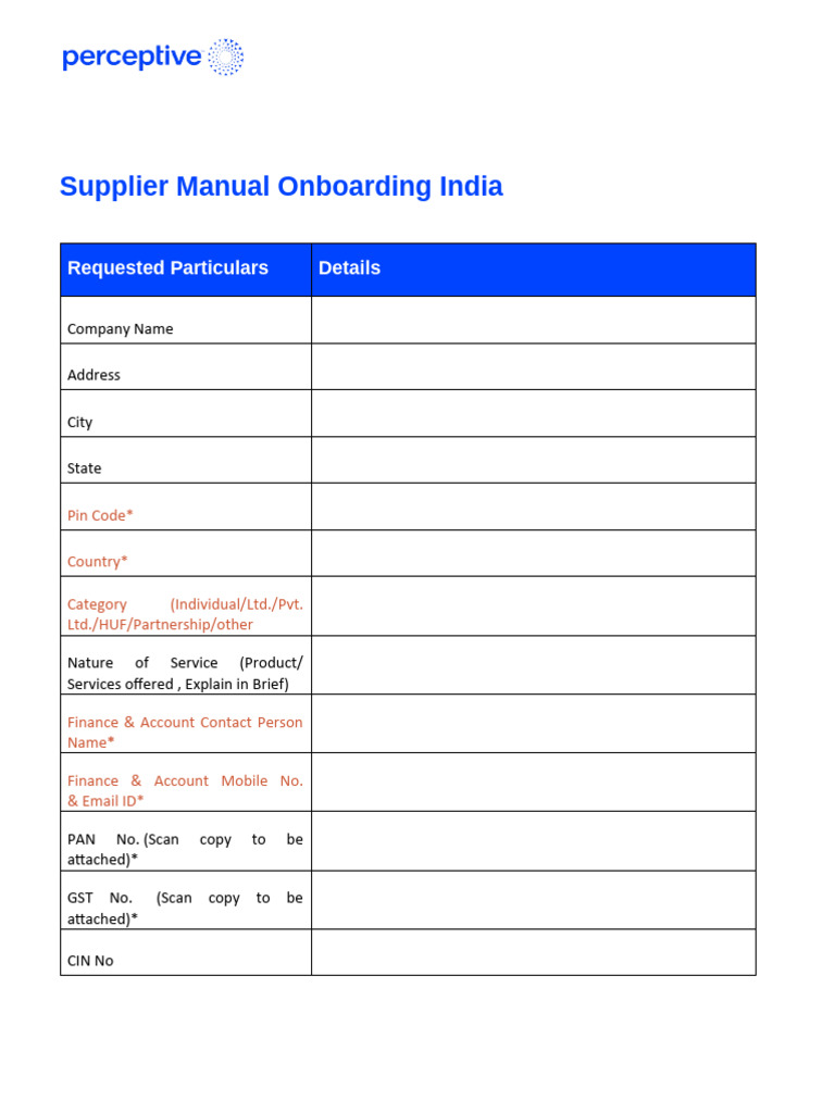 Perceptive Supplier Onboarding Form India Pdf