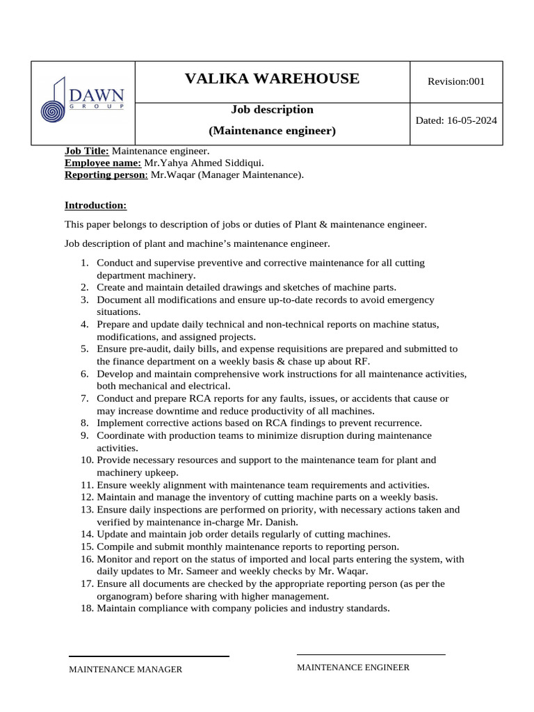 Maintenance Engineer Job Description | PDF