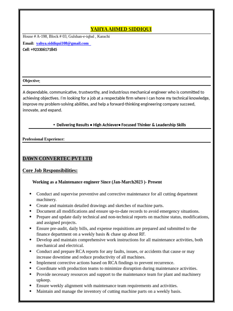 Yahya Ahmed Siddiqui Current Updated CV PDF File | PDF | Engineering | Business