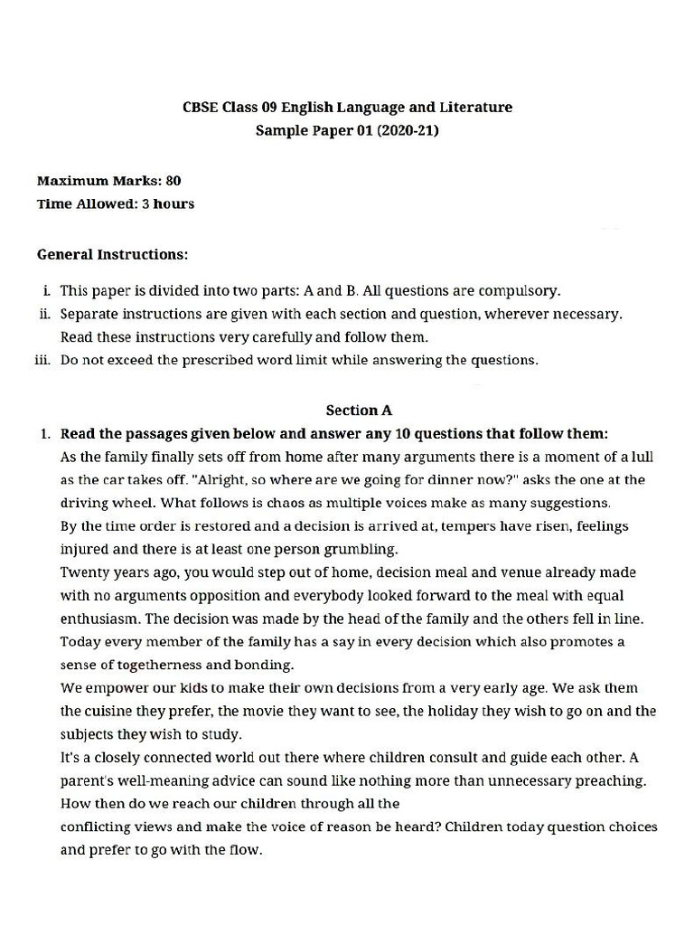 9th Grade English Language Sample Papers - 1 | PDF