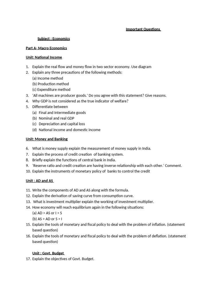 Class 12 Economics Important Questions | PDF | Gross Domestic Product ...
