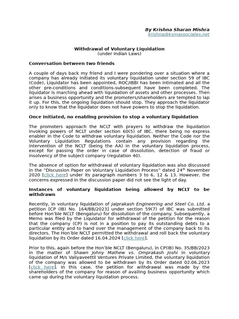 Withdrawal of Voluntary Liquidation (Under Indian Laws) | PDF ...