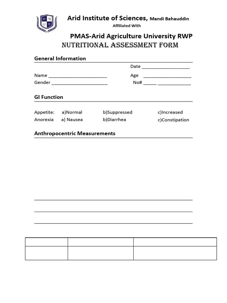 Nutritional Assessment Form-1 | PDF