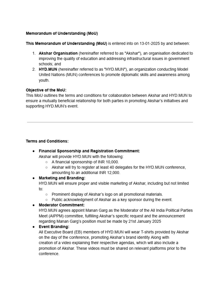 MoU Between Akshar and HYD.MUN | PDF