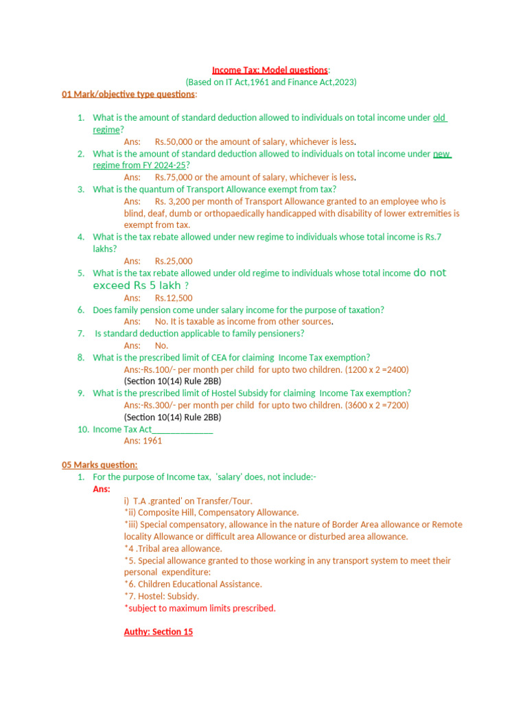 Income Tax Model Questions and Other Advanced Questions | PDF | Taxes ...
