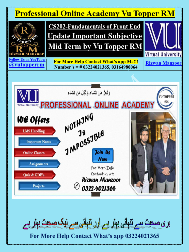 CS202 Subjective MidTerm by Vu Topper RM-1 | PDF | Java Script | Html