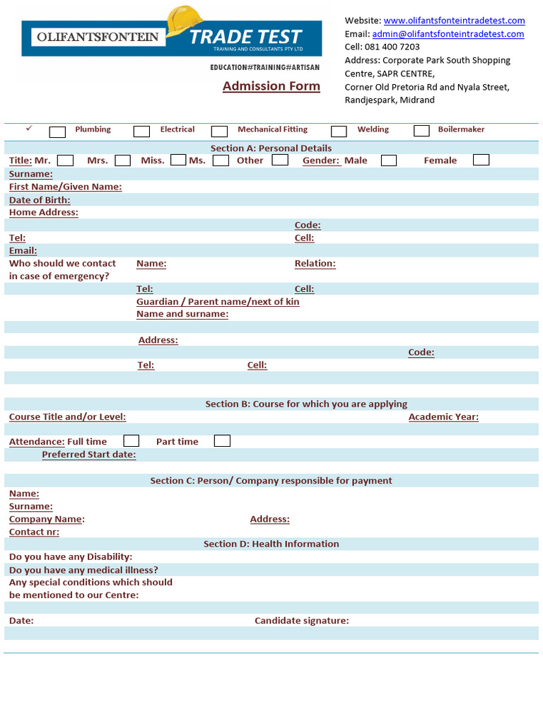 Admission Form OTT Plumb & Elec Boiler & Welding & Fitter | PDF