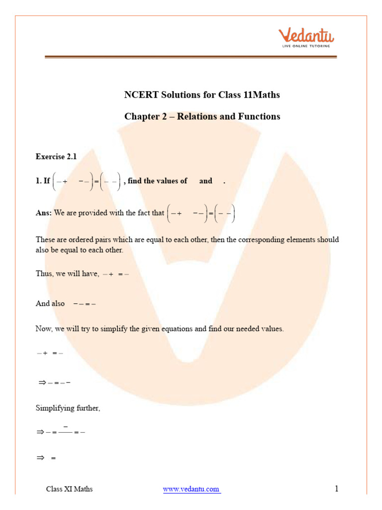 NCERT Solutions For Class 11 Maths Chapter 2 Relations and Functions Ex 2.1 - Free PDF Download ...