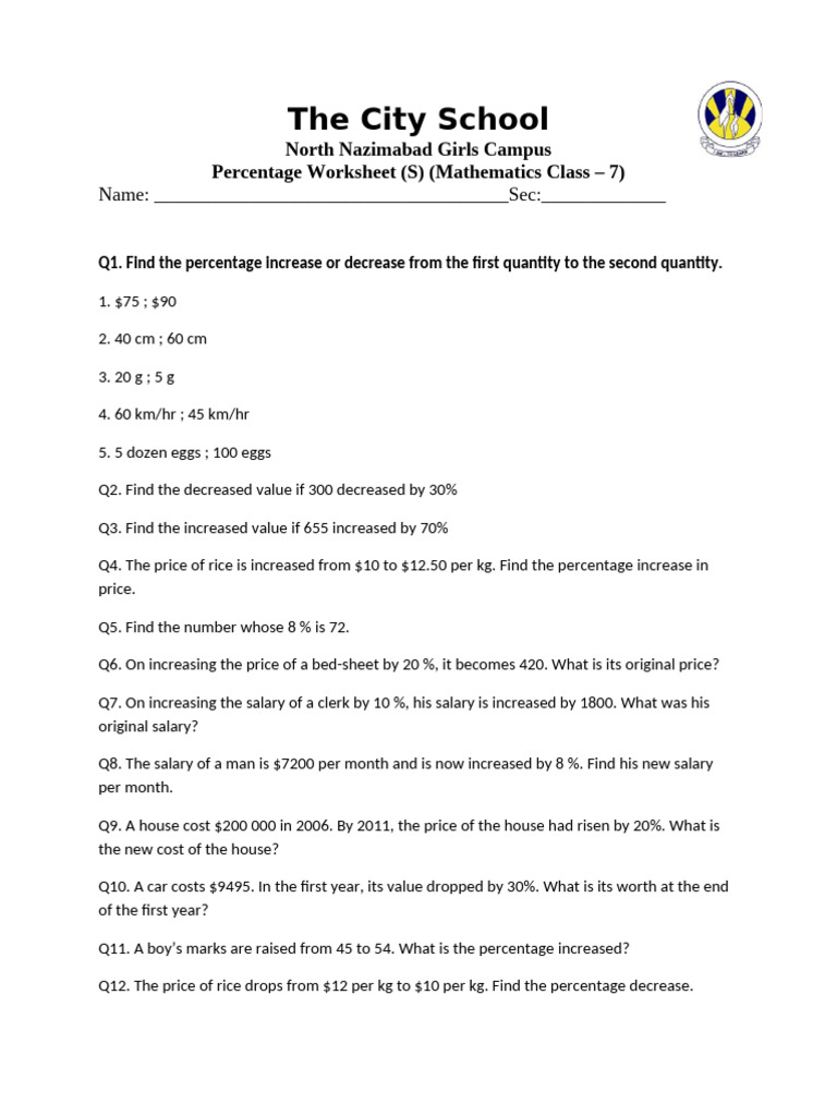 Class 7 Worksheet of Percentage | PDF