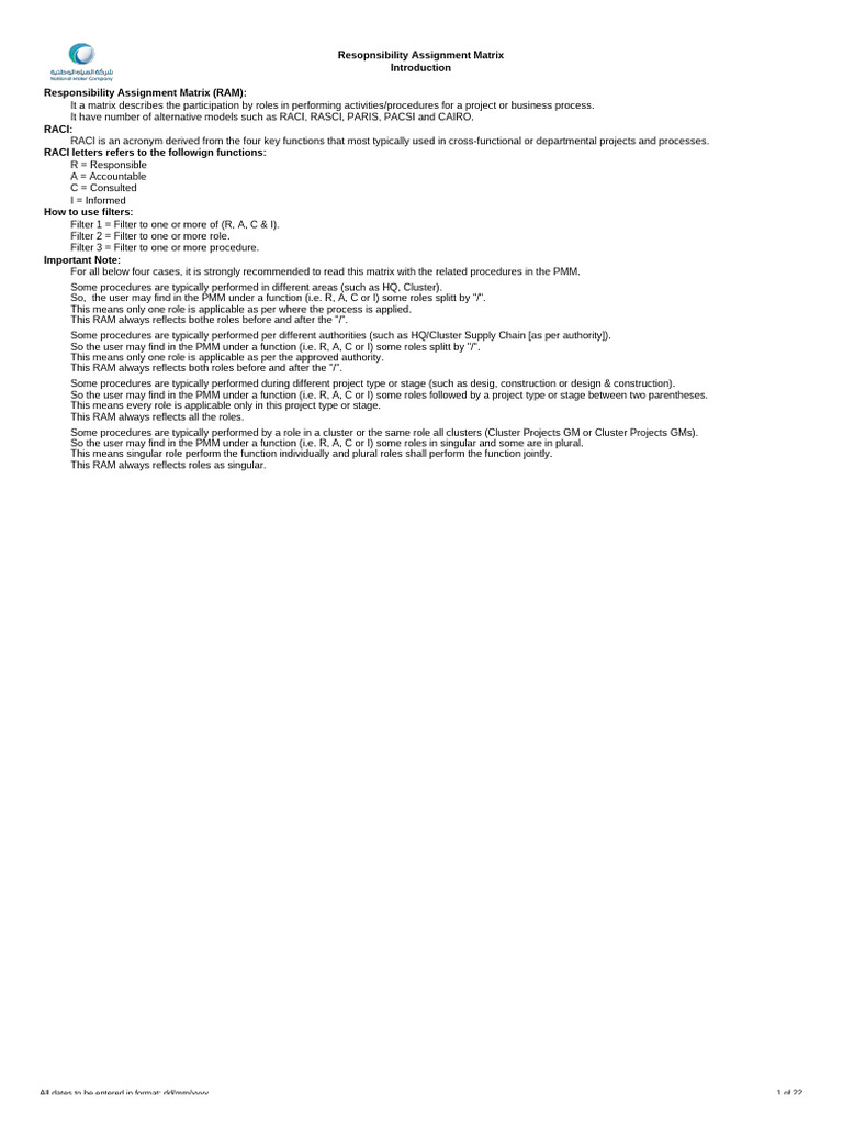 PMF-005-TEA-100 - 02 Responsibility Assignment Matrix RAM | PDF