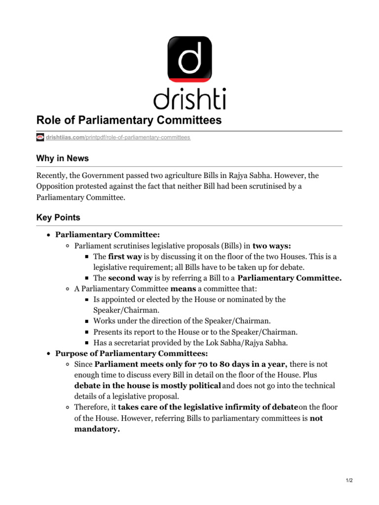 Role of Parliamentary Committees | PDF | Committee | Separation Of Powers