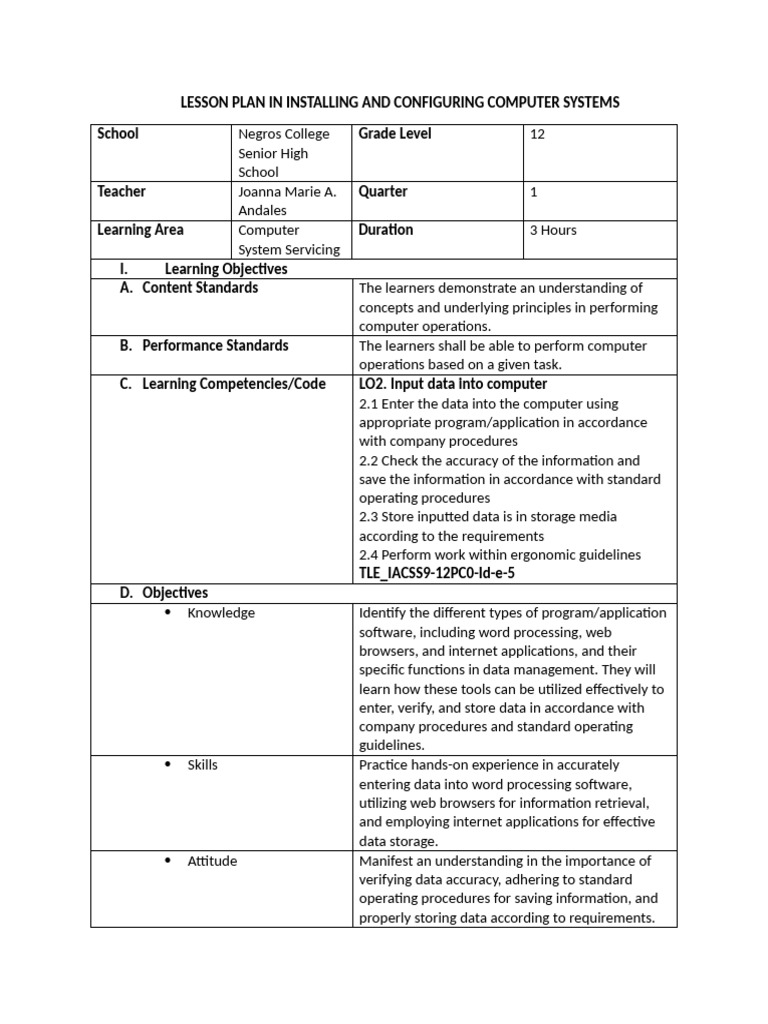 101.lesson Plan in Istalling and Configuring Computer Systems | PDF | World Wide Web | Internet ...