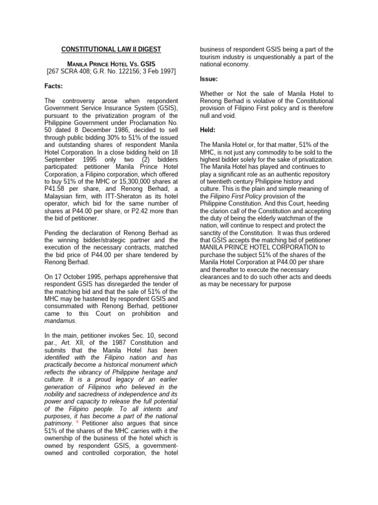 Manila Prince Hotel vs. GSIS Case Summary | PDF