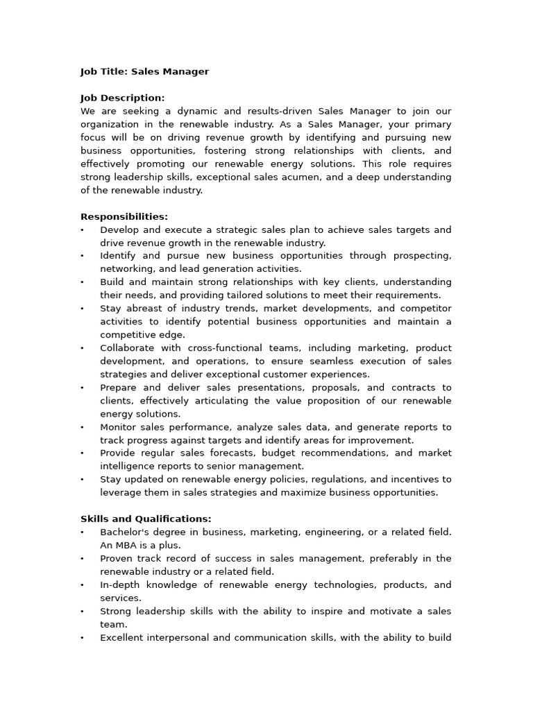 EG Sales Manager JD - Template | PDF | Sales | Marketing