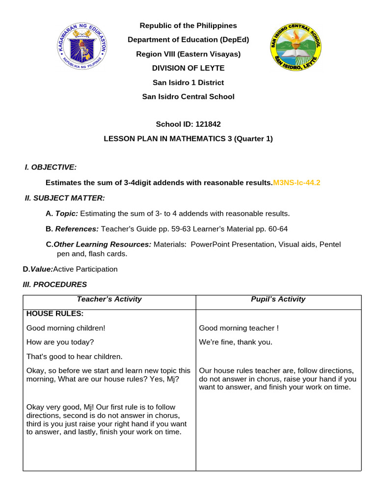 Math Lesson Plan Estimating Sums Pdf Cognition Learning