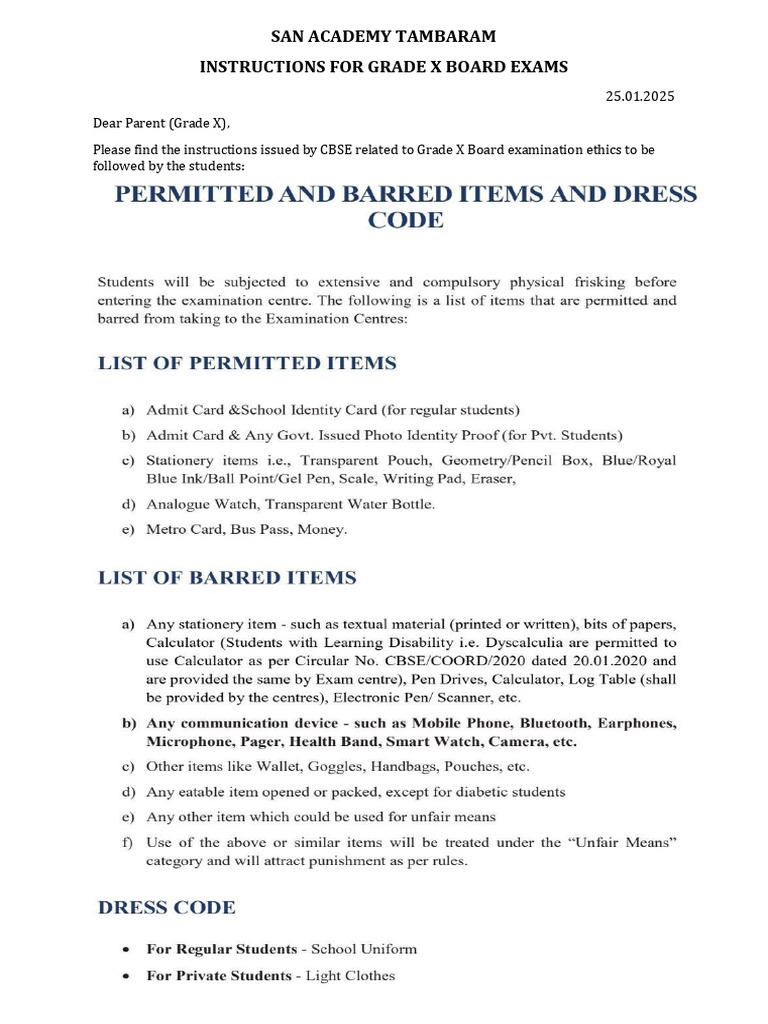 Grade X Board Exam Instructions | PDF