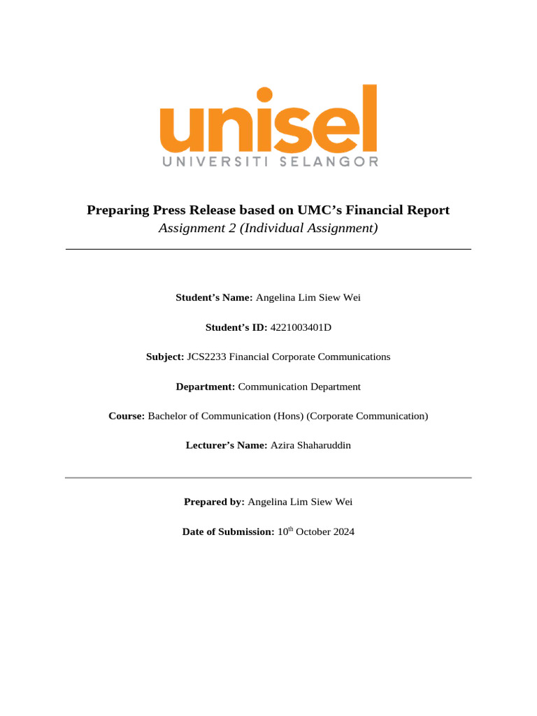 Preparing Press Release Based On UMC's Financial Report: Assignment 2 ...