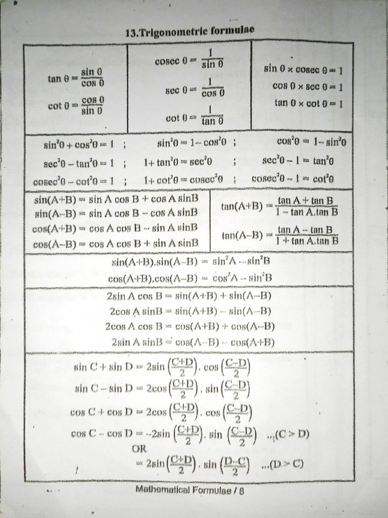 formulasheet | PDF | Trigonometric Functions | Mathematical Relations