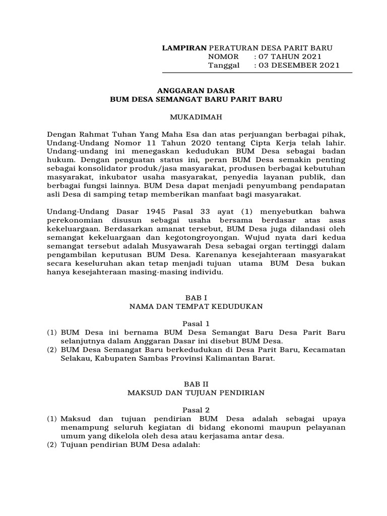 LAMPIRAN AD PENDIRIAN BUM Desa PARIT BARU | PDF