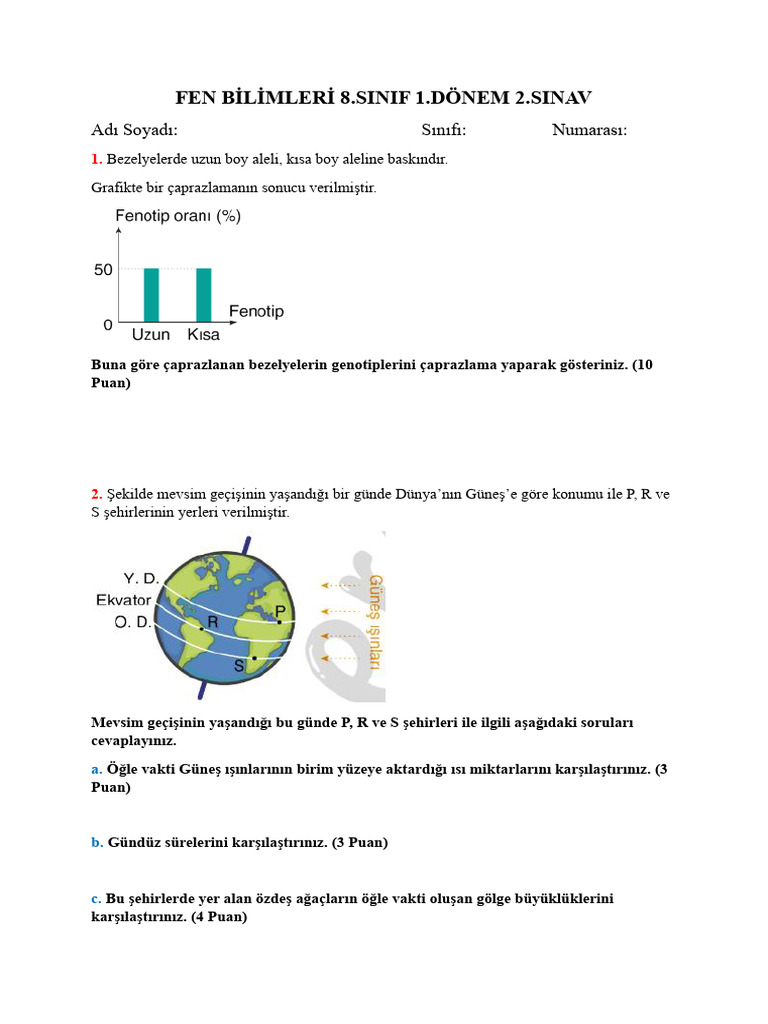 Fen 8.sinif 1.dönem 2.sinav | PDF