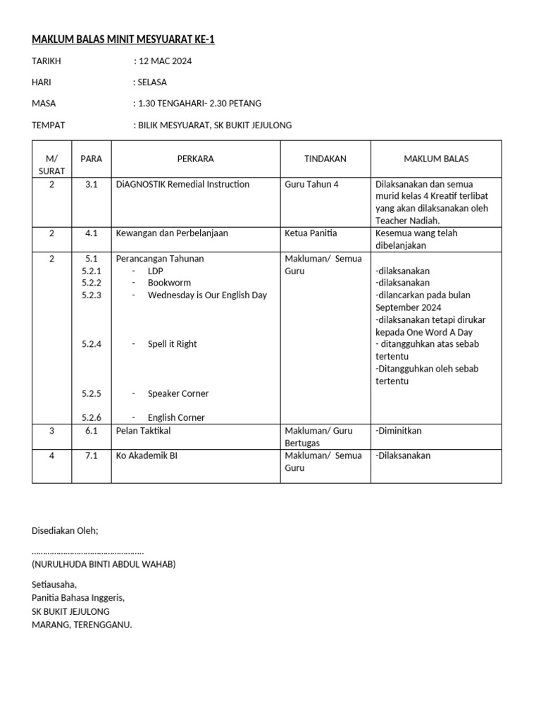 Maklum Balas Minit Mesyuarat Bi 1 | PDF
