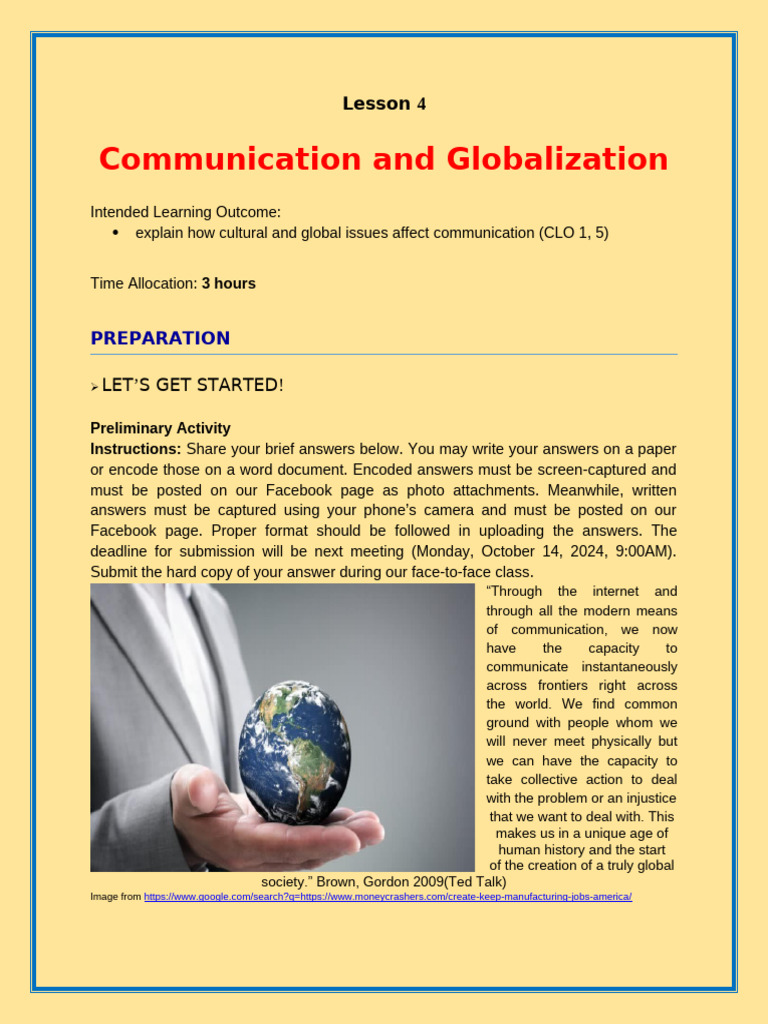 BIT 1 H GEC PC Lesson 4 Communication and Globalization 1st Sem 2024 2025 | PDF | Artificial ...