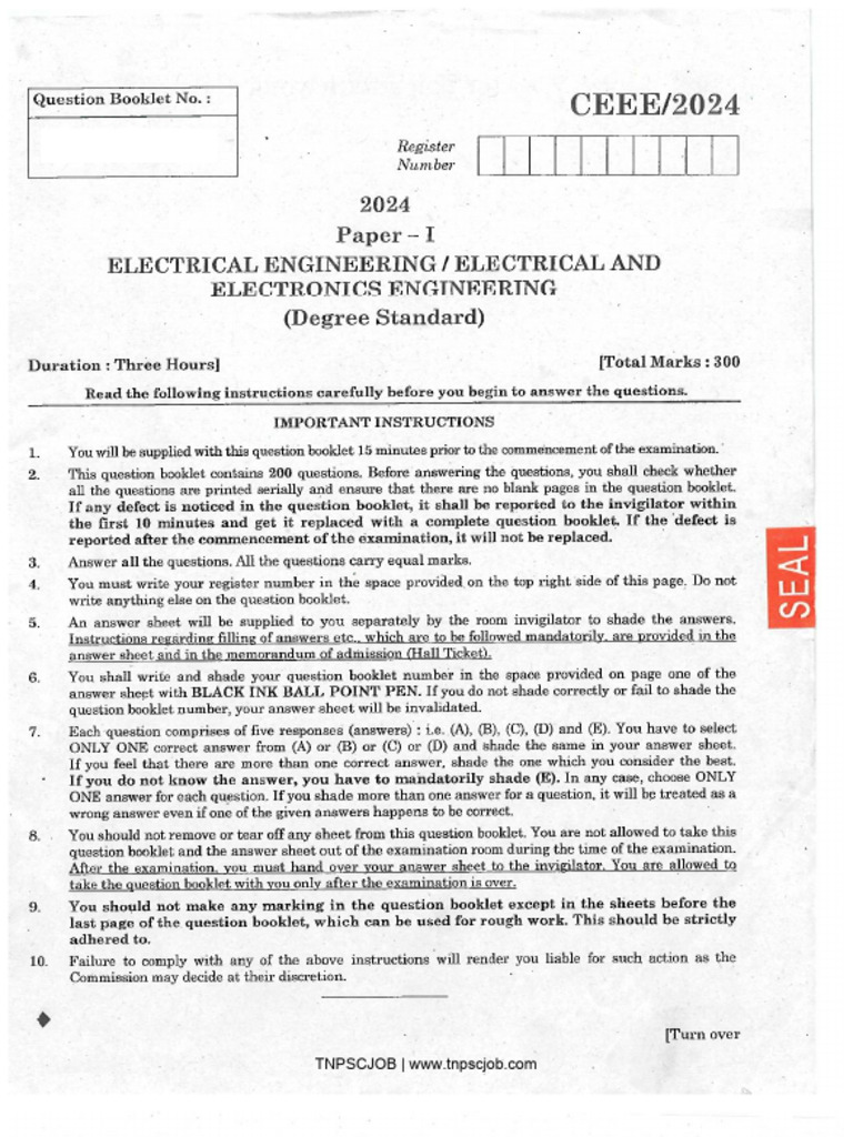 Electrical Engineering Question Paper 2024 - Degree Standard | PDF