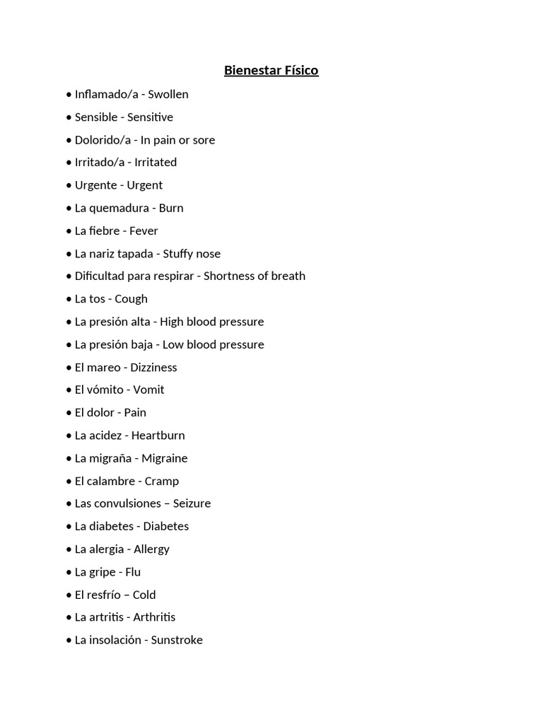 Vocabulario y Frases sobre Bienestar Físico | PDF | Medicina | Medicina ...