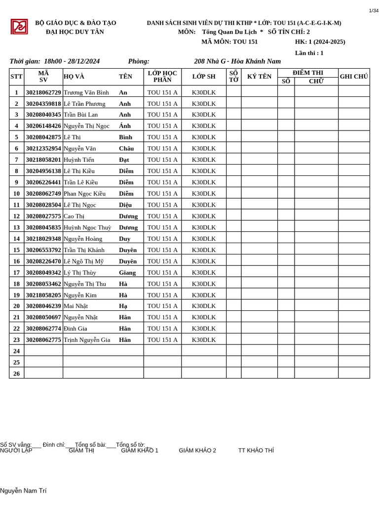 Ds Tổng Quan Du Lịch Tou 151 a-c-e-g-i-k-m | PDF