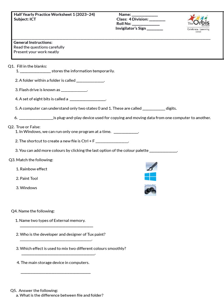 Class 4 ICT Worksheet 1.docx | PDF | Computer File | Computer Data Storage