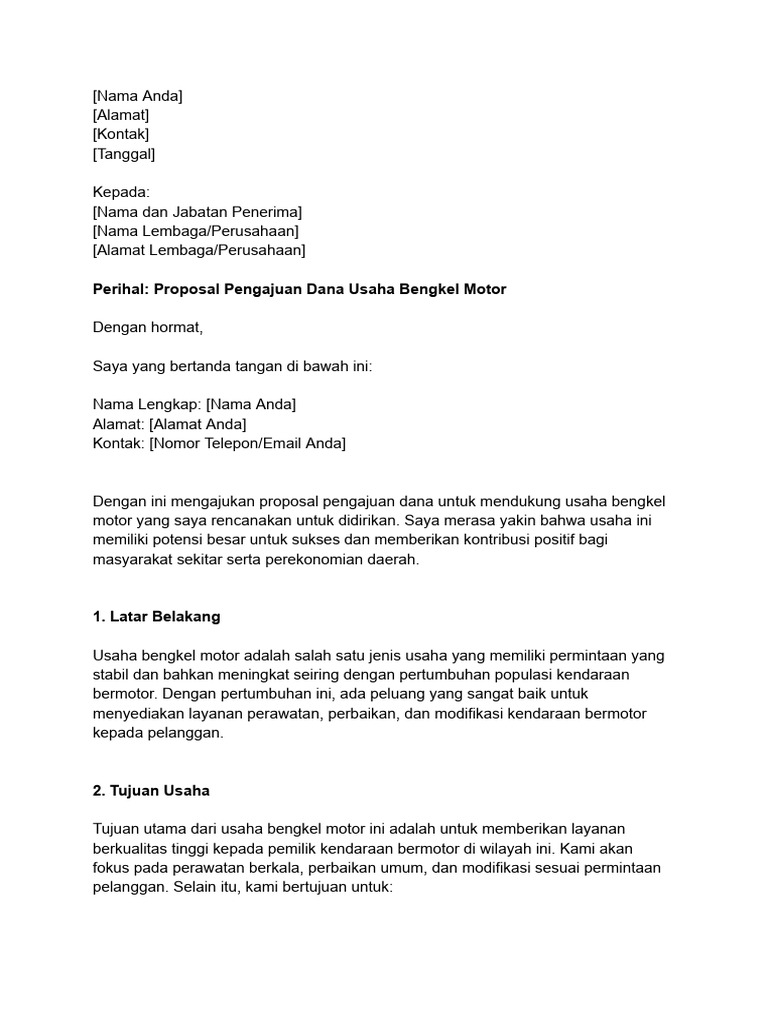 Proposal Pengajuan Dana Usaha Bengkel Motor | PDF