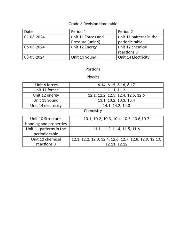 Grade 8 Revision Time Table | PDF