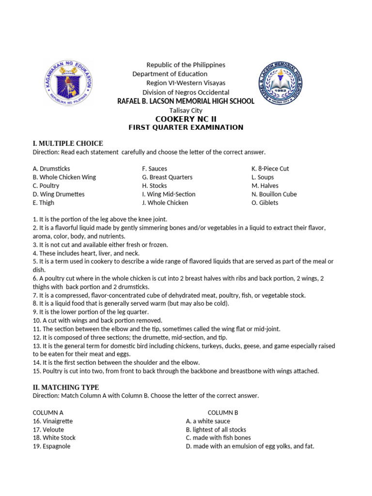First Quarter Exam - Cookery | PDF | Stock (Food) | Foods