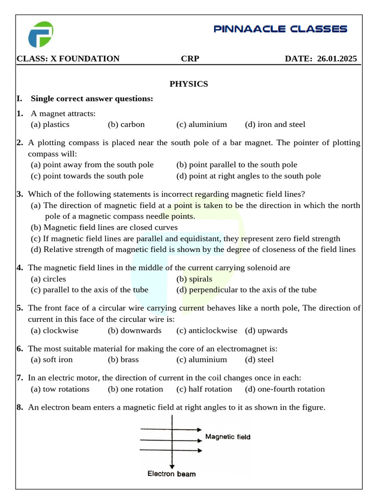 X CRP Foundation Phy 26.01.2025 | PDF | Magnetic Field | Force