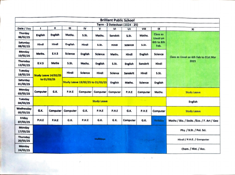 Brilliant Public School Term 2 Datesheet | PDF