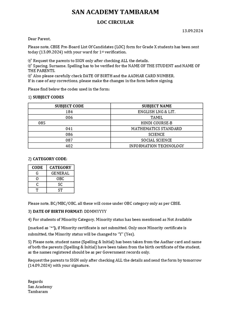 Grade X LOC Circular 13.09.2024 | PDF