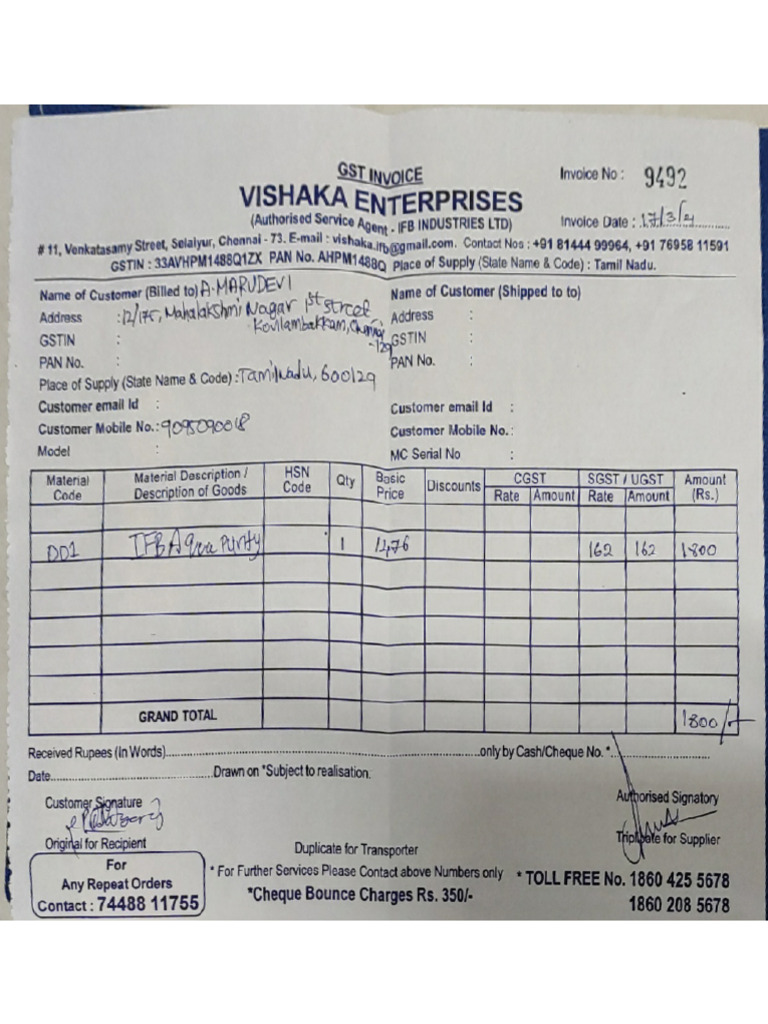 IFB Water Purify - Invoice | PDF