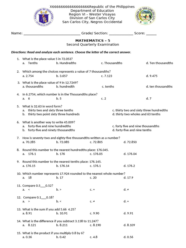 Grade 5 Math Quarterly Exam Guide | PDF | Mathematics