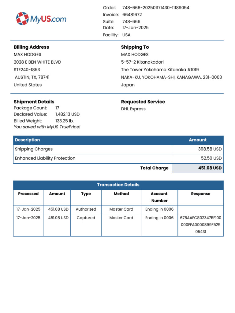 MyUS RELEASE ShipmentInvoice - 748 666 202501171430 11189054 | PDF