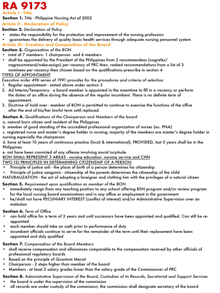 RA 9173 - Comprehensive Summary COMPLETE | PDF | Nursing
