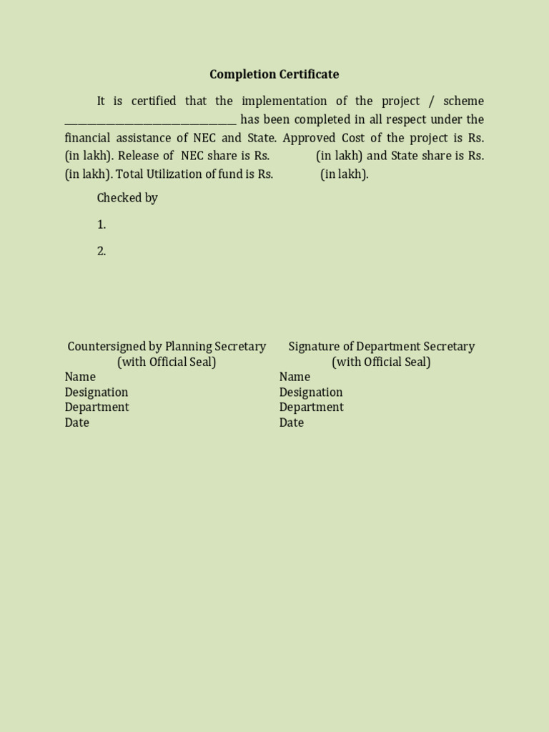 Format For Submission of Completion Certificate Under North Eastern ...