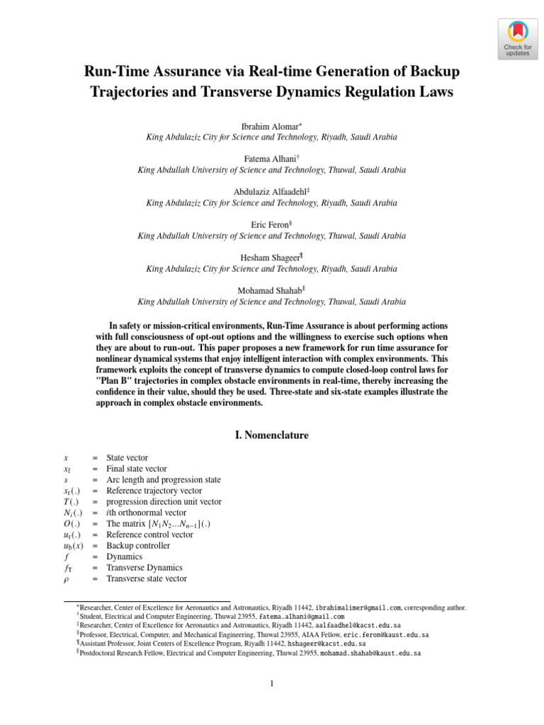 Alomar Et Al 2023 Run Time Assurance Via Real Time Generation of Backup Trajectories and ...
