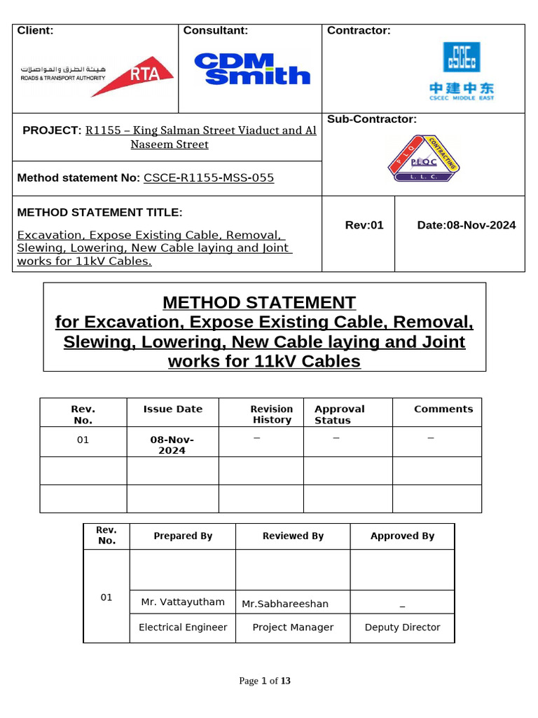 11kV Cable Excavation Method Statement | PDF | Specification (Technical ...