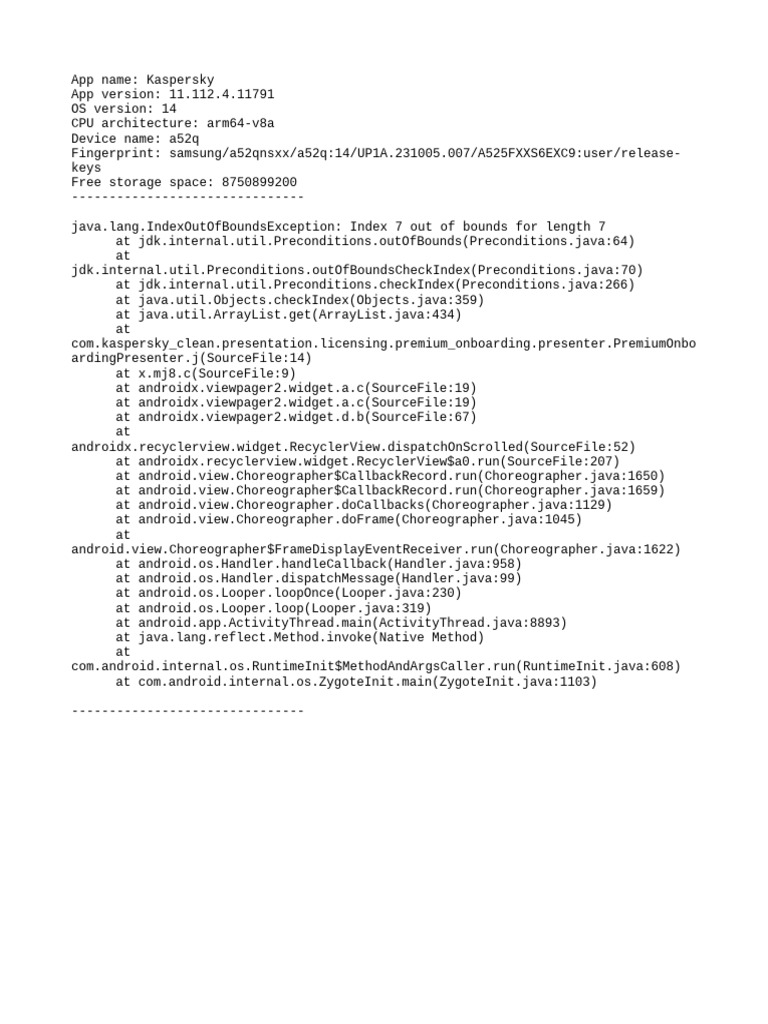 Kaspersky App Error: IndexOutOfBoundsException | PDF