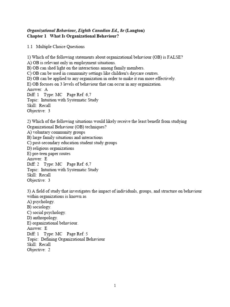 Question Bank For Organizational Behaviour, 8th Canadian Edition ...