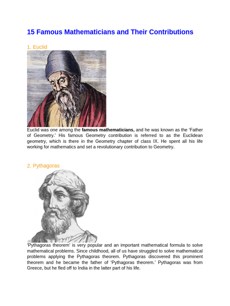 15 Famous Mathematicians and Their Contributions | PDF | Geometry ...