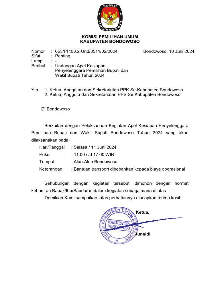 UNDANGAN APEL PPK Dan PPS - KPU 11 JUNI 2024 | PDF